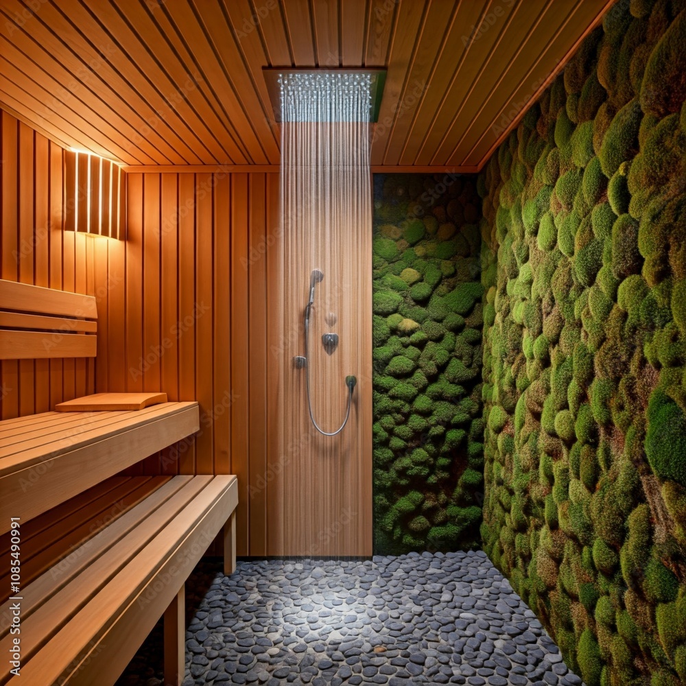 Tranquil spa like atmosphere created by modern shower in sauna with ...