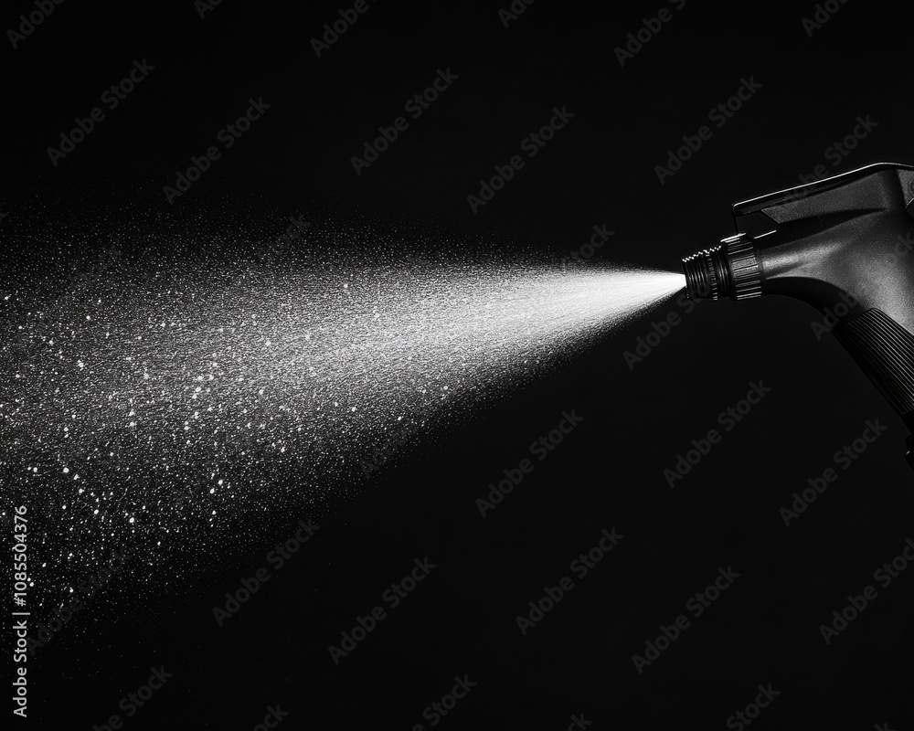 spray bottle spraying water in the air, against a black background ...