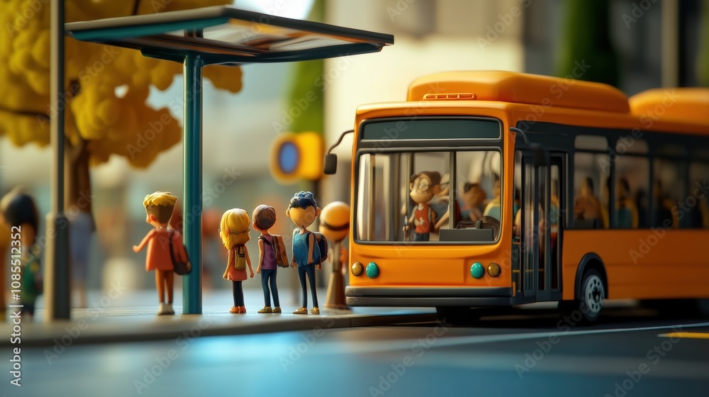 Colorful Cartoon City Scene with Characters Waiting at a Bus Stop Near ...