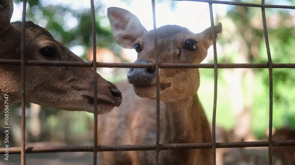 Portrait of Sambar deer standing behind bars in a cage at a zoo. Wild ...