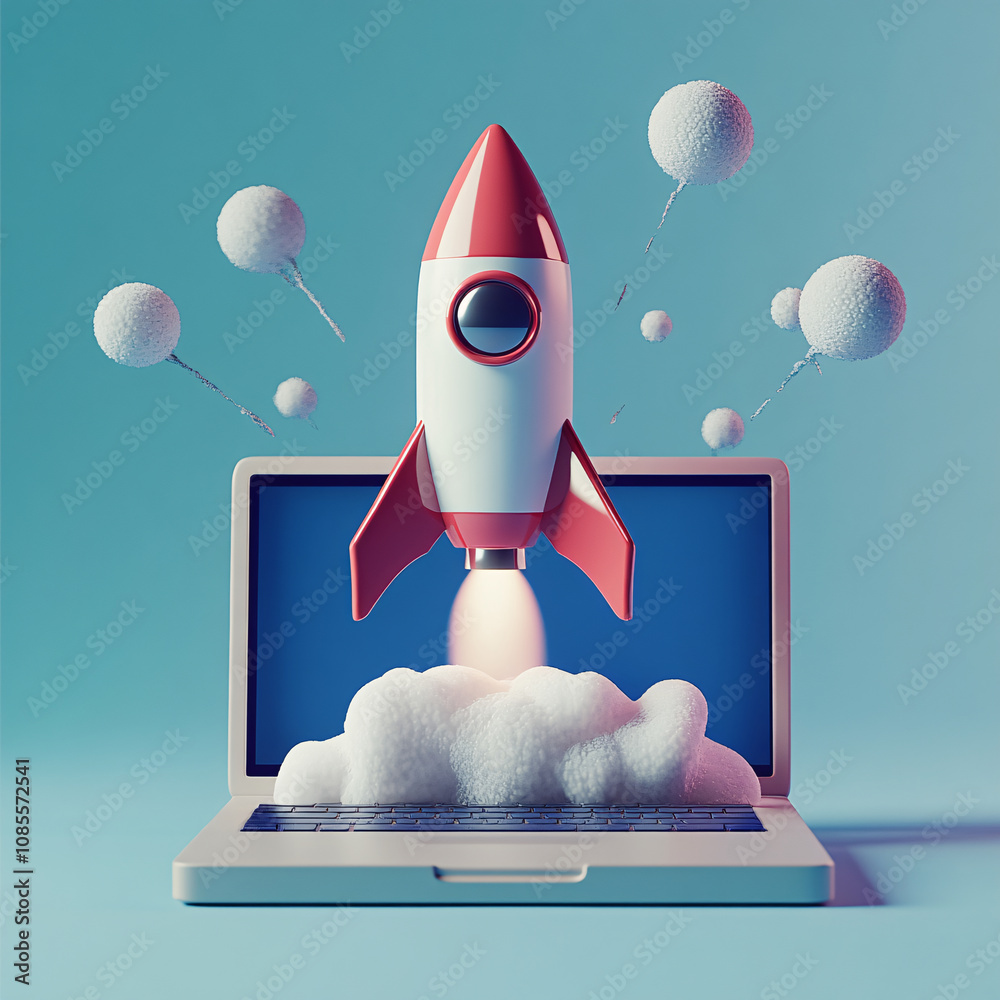 Rocket coming out of laptop screen, blue background. Rocket coming out of laptop screen. Stock ...