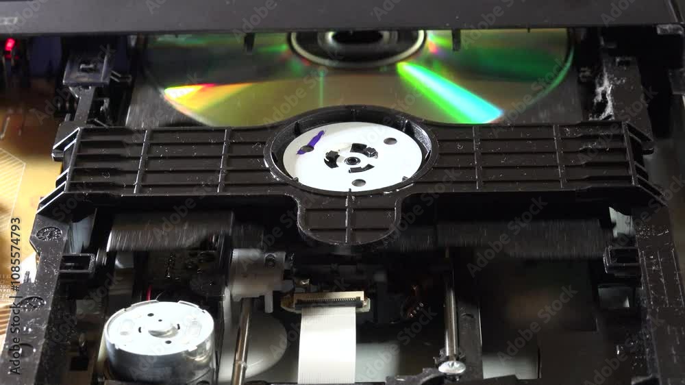 An open DVD player shows its internal components and circuitry, with ...