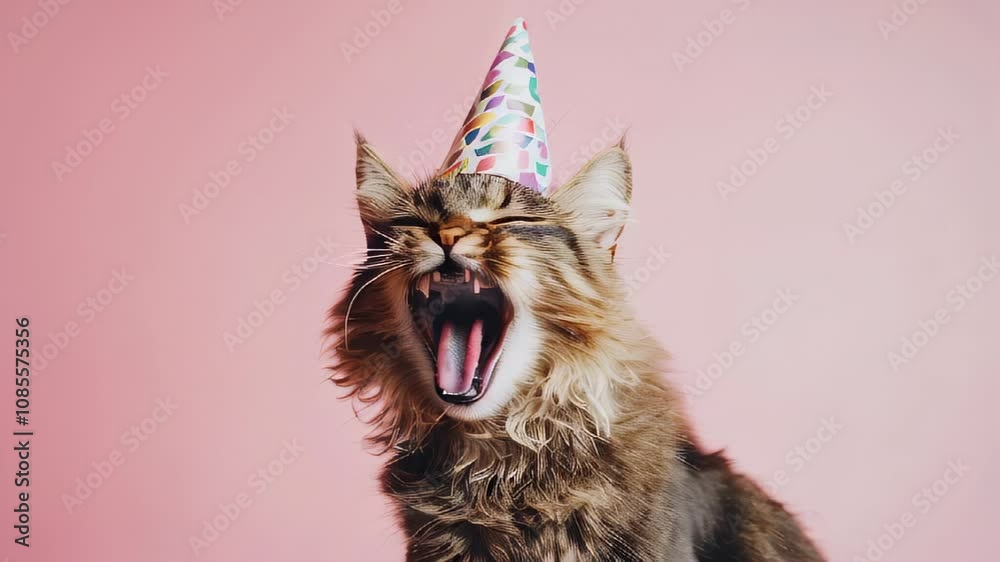 Celebratory cat wearing a party hat joyfully yawning against a pink ...
