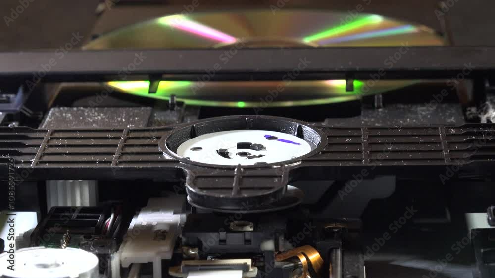An open DVD player shows its internal components and circuitry, with ...
