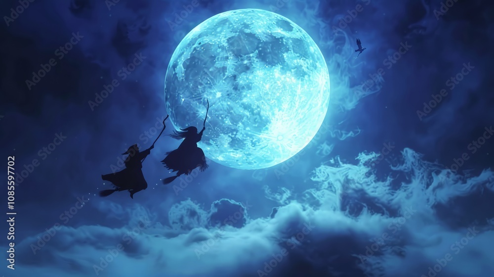Witches soaring beneath the blue moon enchanted night sky fantasy ...