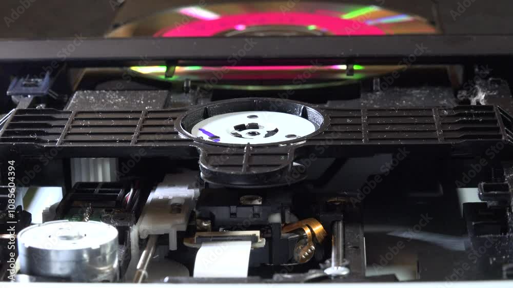 An open DVD player shows its internal components and circuitry, with ...