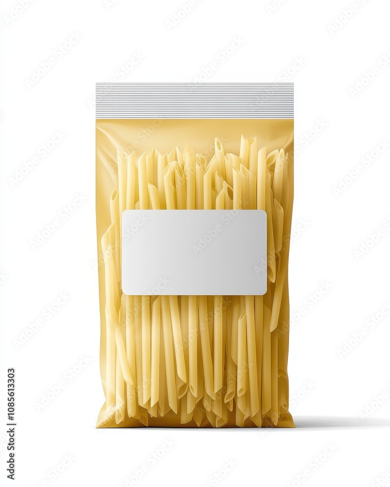Plastic pasta bag with paper label isolated on white background ...