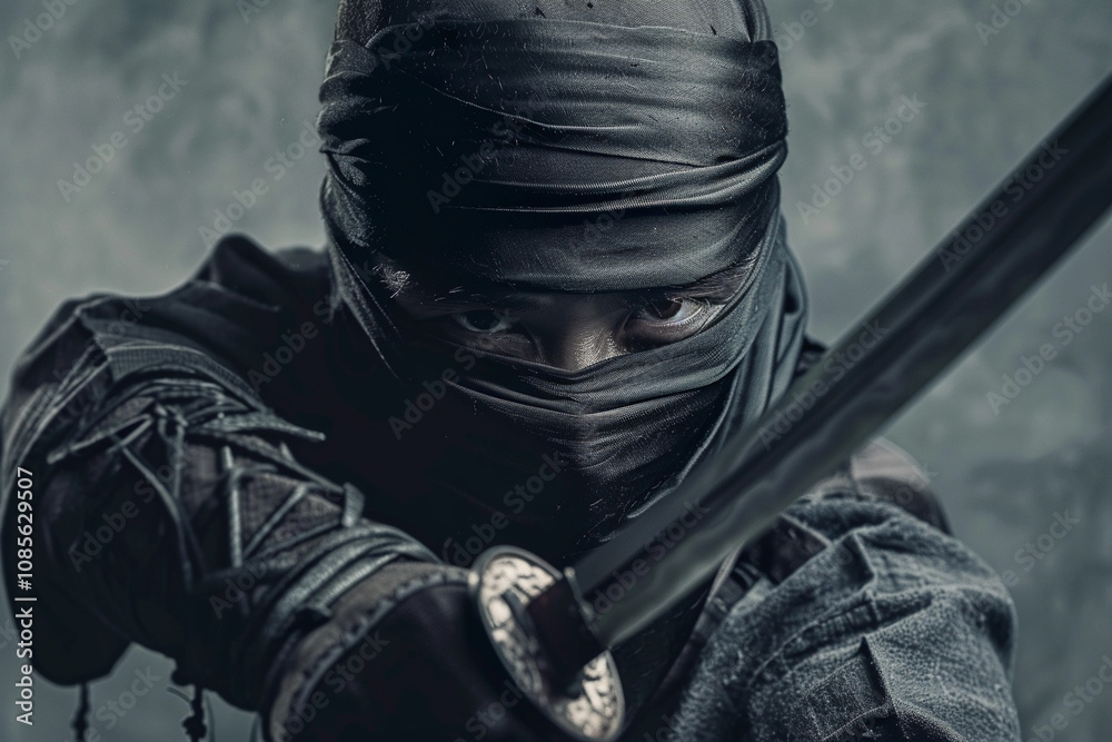 Japanese ninja warrior dressed in samurai clothes holding sharp sword ...