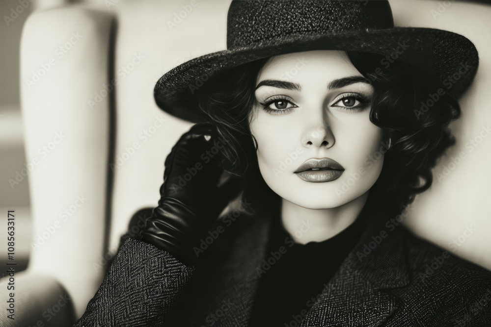 Classic beauty model pose with vintage Hollywood-inspired makeup, red ...