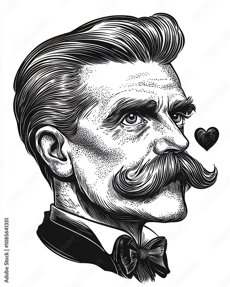 man with a classic hairstyle and mustache, featuring heart-shaped eyes ...