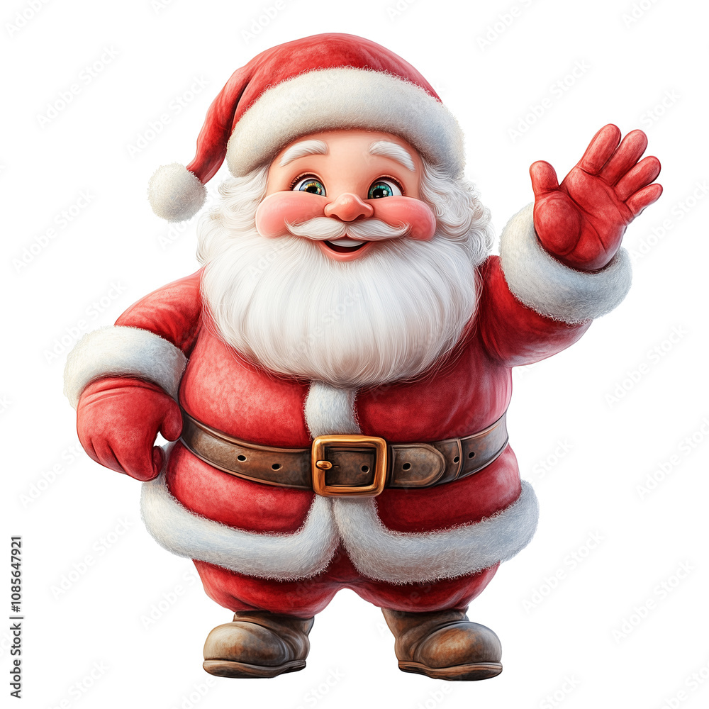 Jolly Santa Claus waving hello in red suit with white fur trim ...