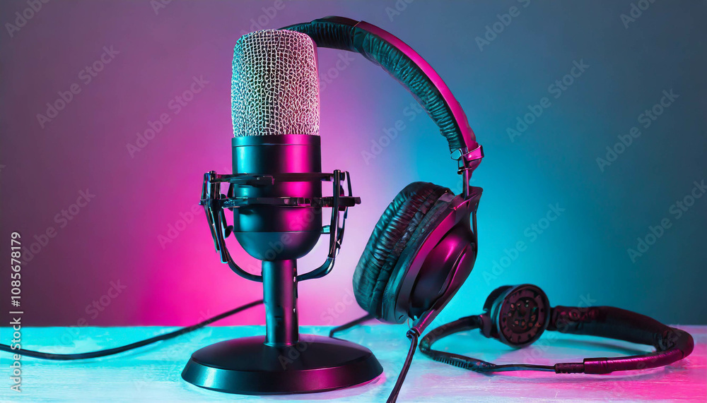 A retro headphones with michrophone sits at the center of a vibrant ...