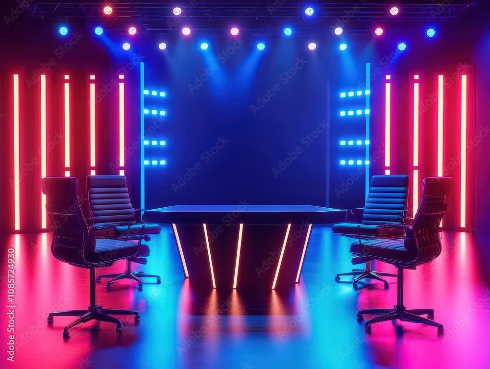 empty game show talk show set, featuring vibrant stage lights, empty ...