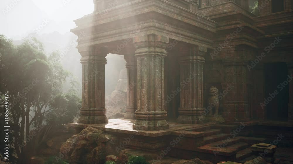 A large stone structure in the Cambodian jungle features intricate ...