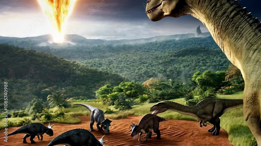 Meteorite of the extinction of the dinosaurs, dinosaurs in the front ...