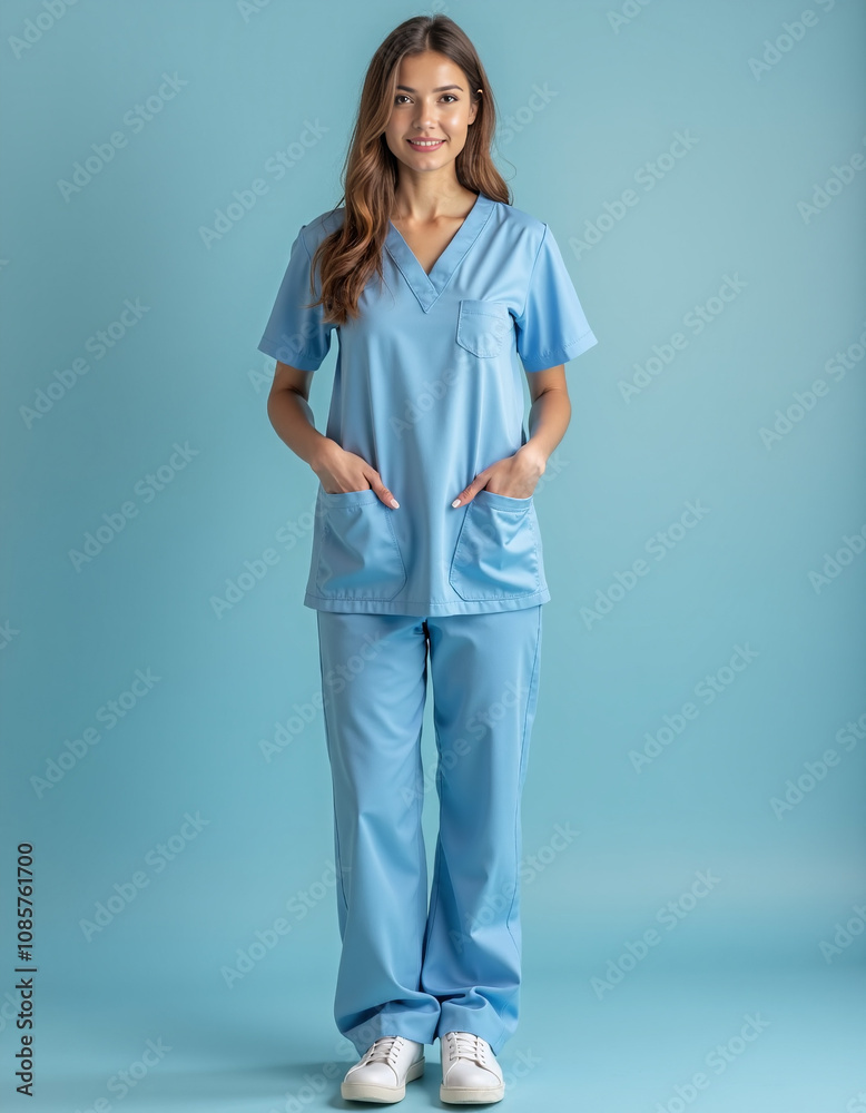 A light blue background, Full length and full frontal photo of a very ...
