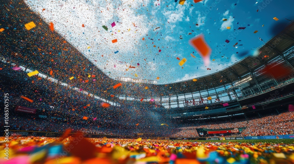 Confetti-filled stadium victory moment, with baseball fans cheering ...