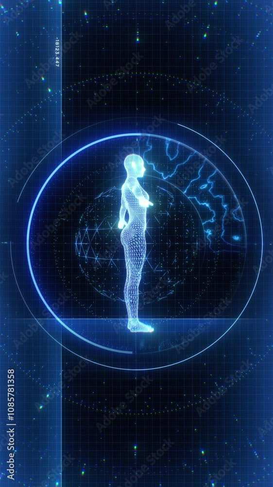 Line and Grid based HUD graphics with Radar type pulsing circular arrays and particle motion ...