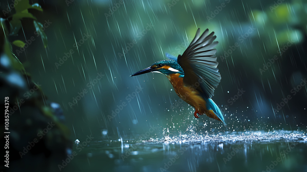 Magnificent kingfisher halcyon bird with wings spread taking flight ...
