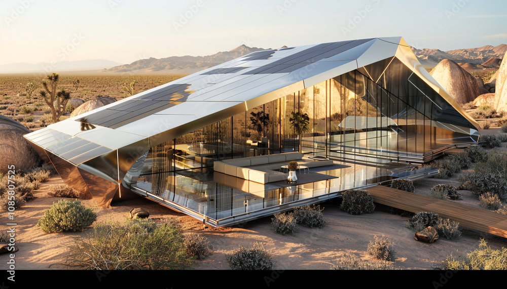 Futuristic modular home with angular shapes, reflective glass panels ...