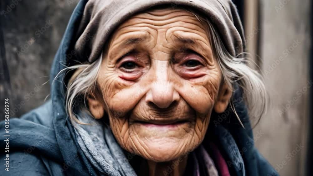 Old homeless woman face with white hair and wrinkled skin wandering on ...