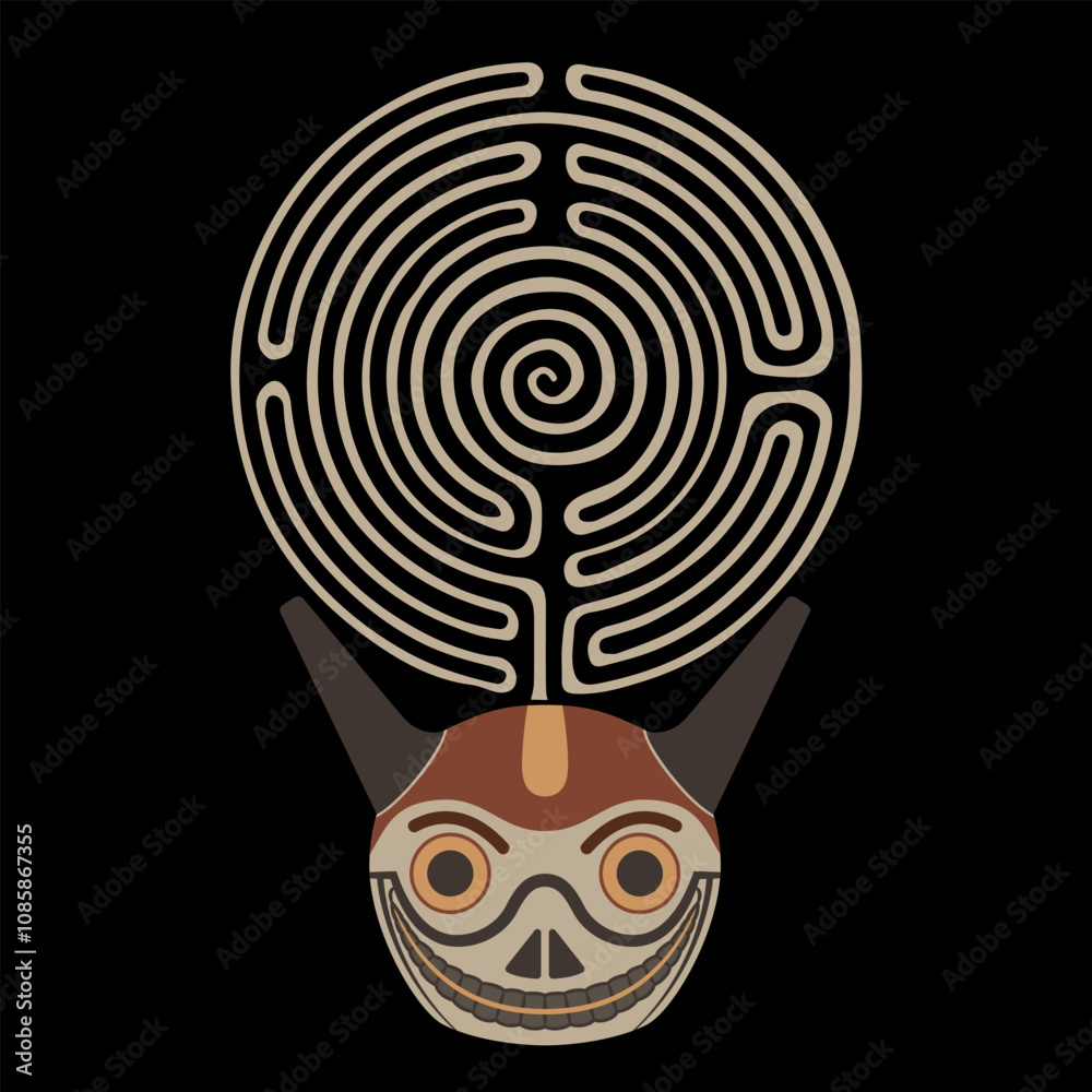 Funny horned skull holding a round spiral maze or labyrinth symbol ...