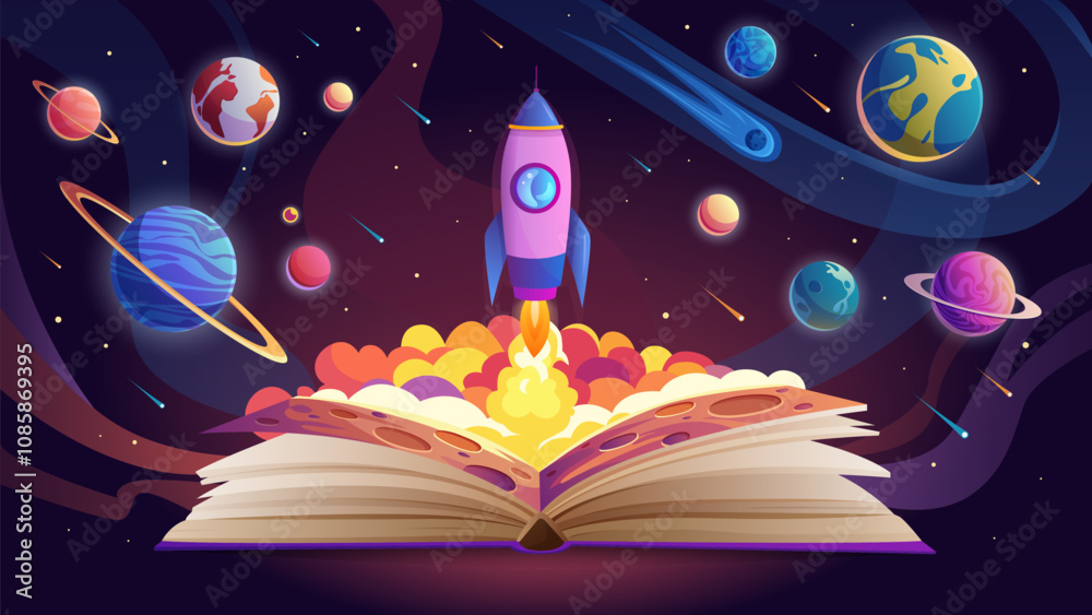 Poster Open book with rocket launch and Solar system planets, comets in ...