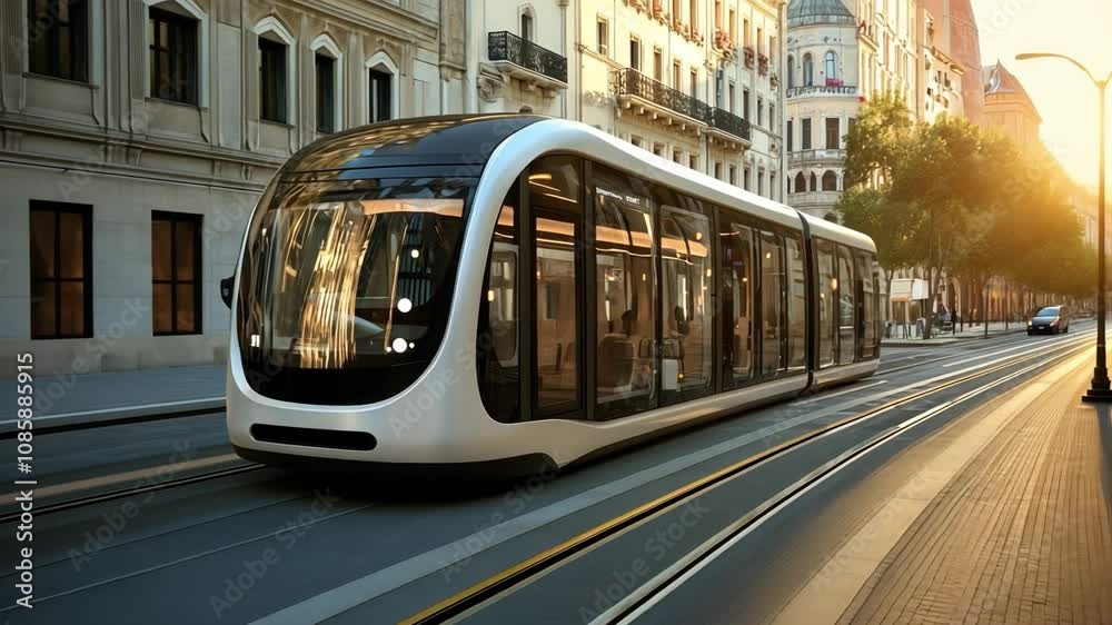 Modern Tramway in Urban Setting: A sleek, modern tram glides along a ...