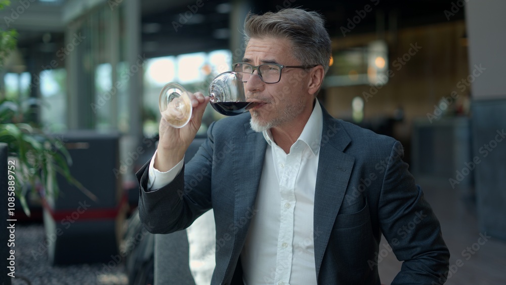 Businessman is drinking glass of red wine after long day at work ...