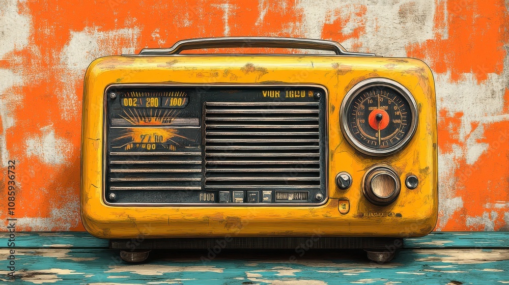 Vintage Yellow Radio with Retro Design and Analog Tuner on Distressed ...