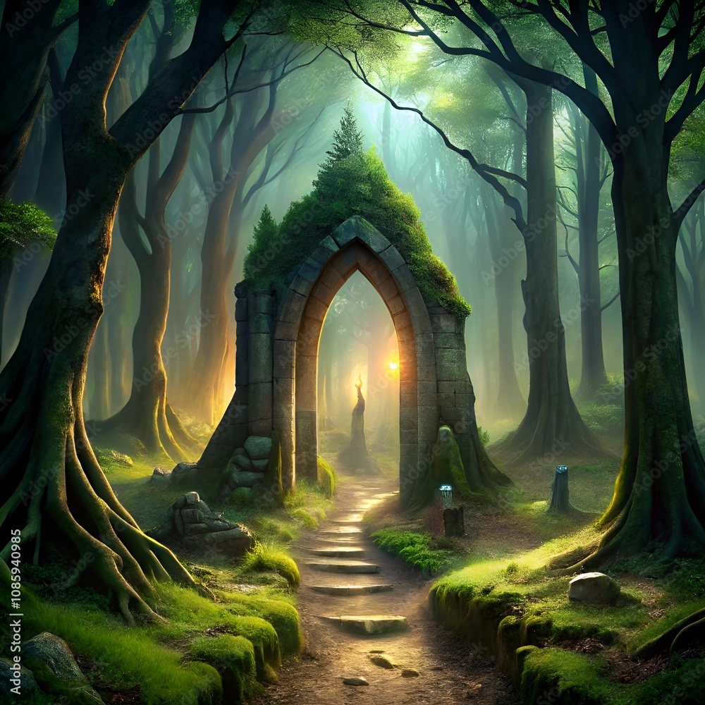 "An ancient forest shrouded in mist, with massive trees that have ...