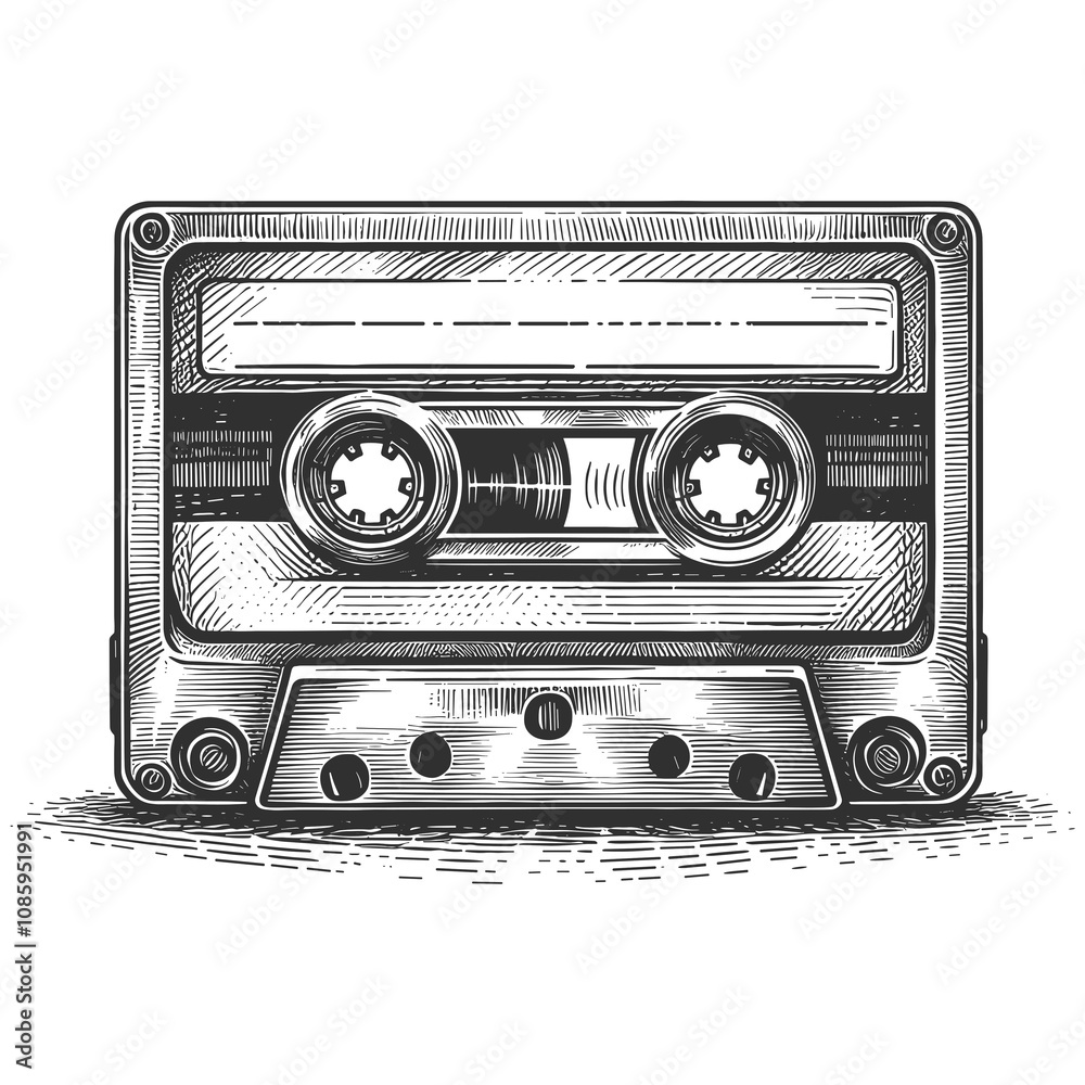 Vintage audio cassette tape sketch on white background, retro compact ...