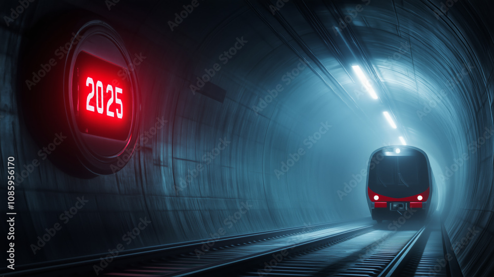 Train approaching illuminated tunnel with countdown clock indicating ...