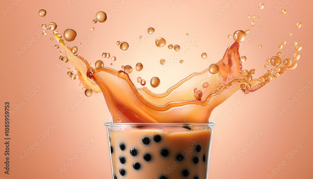 boba tea with tapioca balls splash explosion on peach background Stock ...