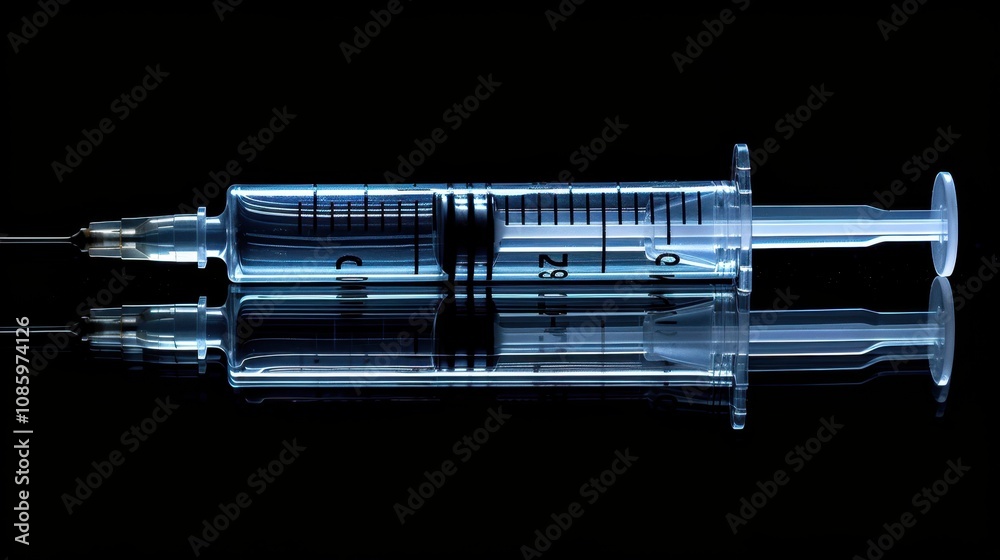 drug syringe on a black background. A syringe filled with a drug. The ...