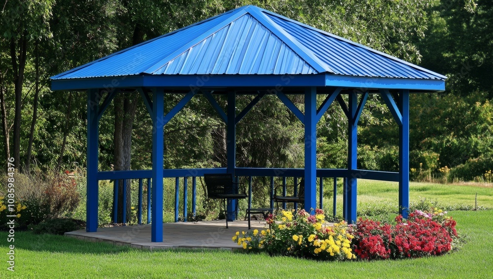 Blue Metal-Roofed Gazebo with Octagonal Design Surrounded by Lush Green ...