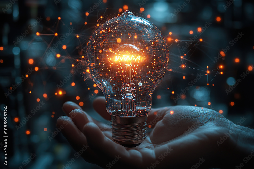 A hand holding a glowing light bulb surrounded by a digital network ...