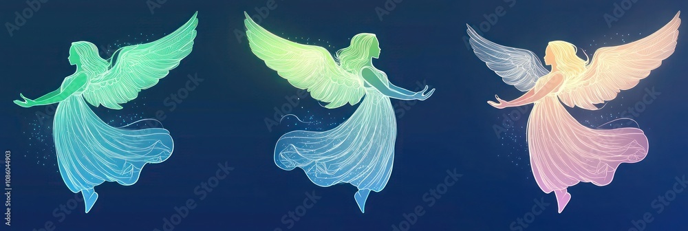 Set of three gradient glowing angel silhouettes with gradients from ...