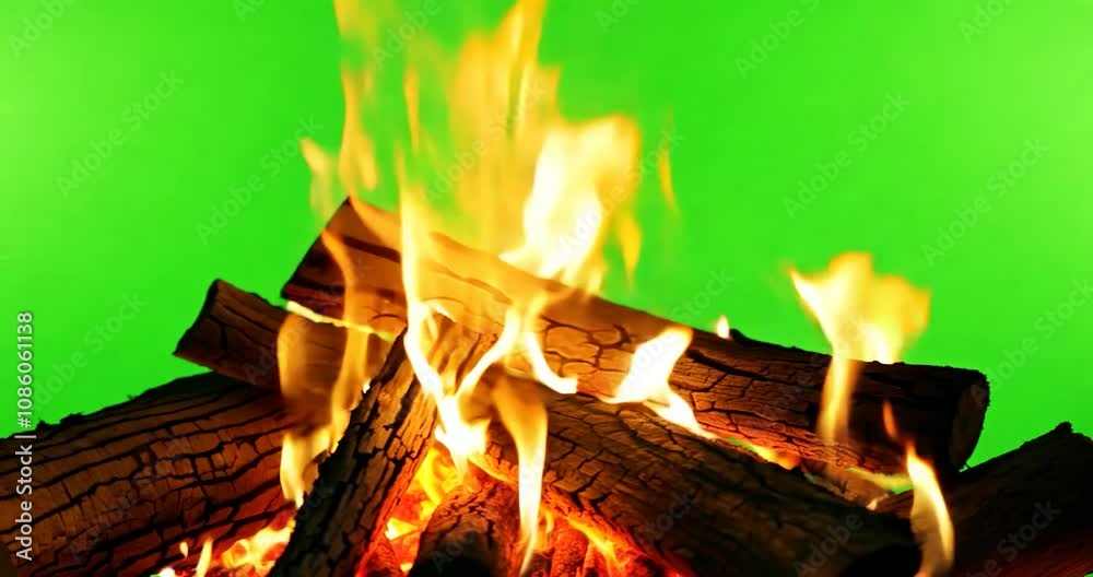 Campfire in focus, showing bright flames swaying gently in the breeze ...