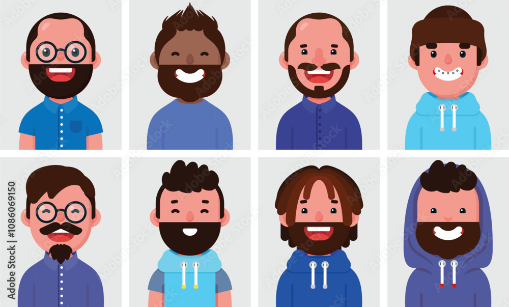 Set of flat portraits of happy men. Collection of colored cartoon ...