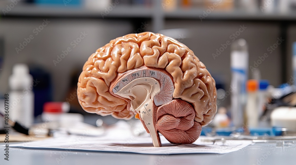 High-detail photo of a labeled brain model on a sterile lab table ...