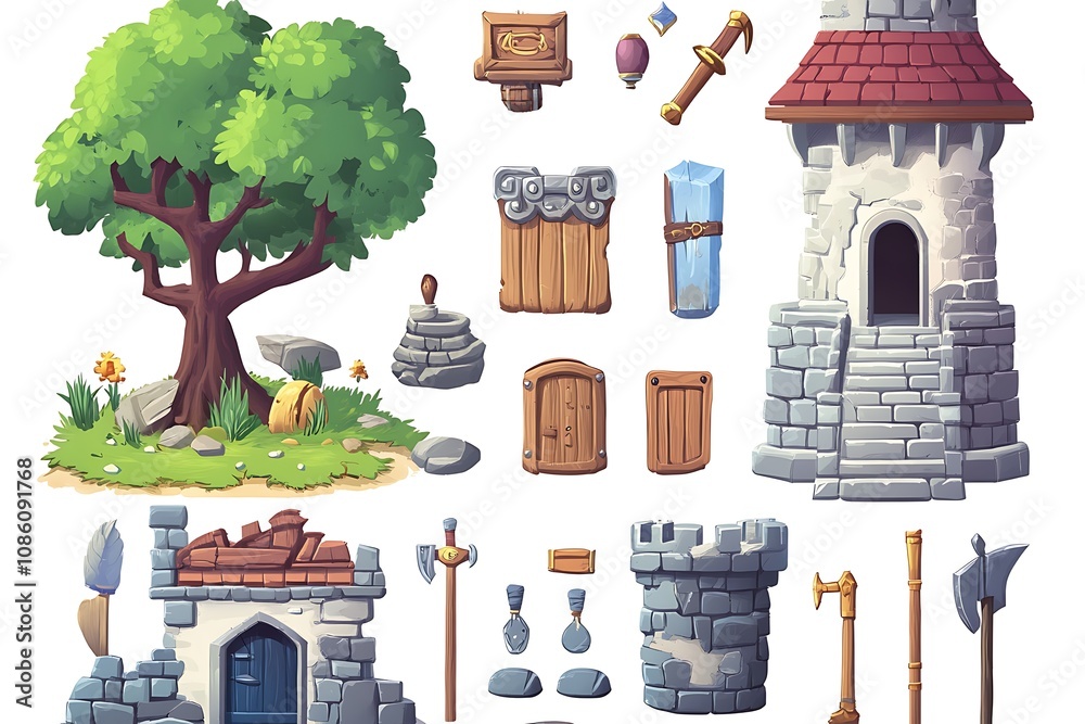 Cartoon Game Assets, Medieval Fantasy Tree, Tower, and Building ...
