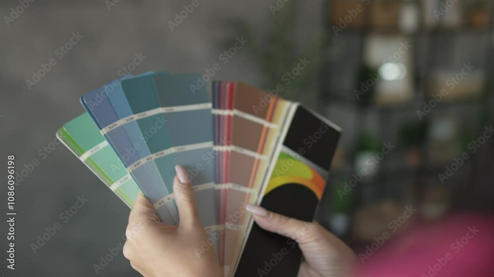 Back view of unknown woman hold blue color palette at home Stock 비디오 ...