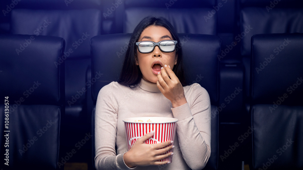 Going to movies alone. Shocked Asian woman in 3D glasses watching ...
