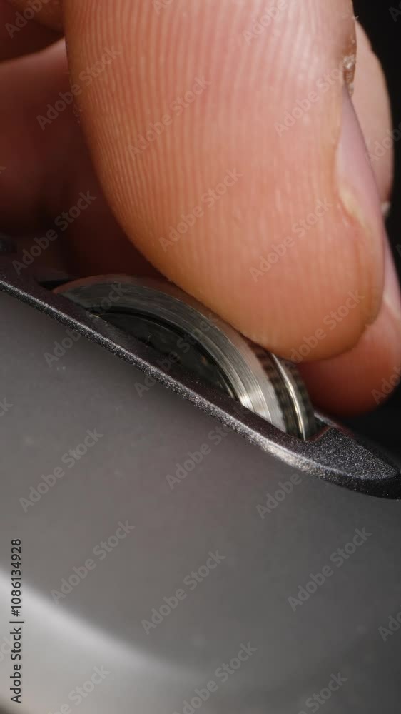 Vertical video. Close-up of a finger scrolling the wheel on a sleek ...