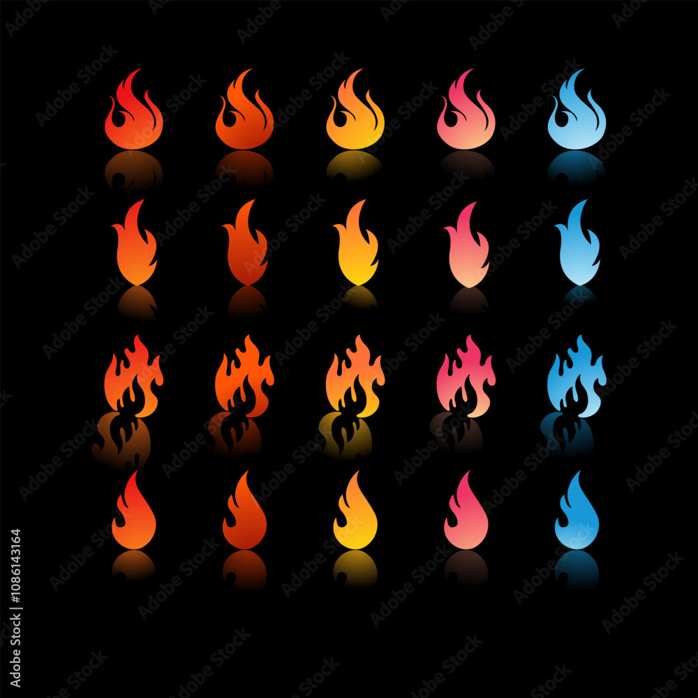 25 fire icons with varying gradients and shapes in colors ranging from ...