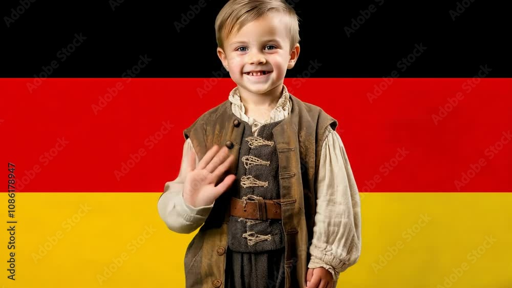 An German boy dressed in traditional clothing stands proudly beside ...