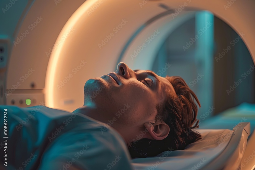 man lies inside a magnetic resonance imaging (MRI) machine, undergoing ...