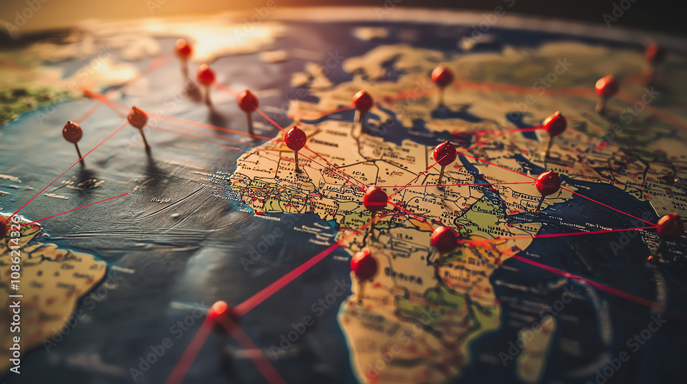 World map displaying connections with pins and red lines linking major ...