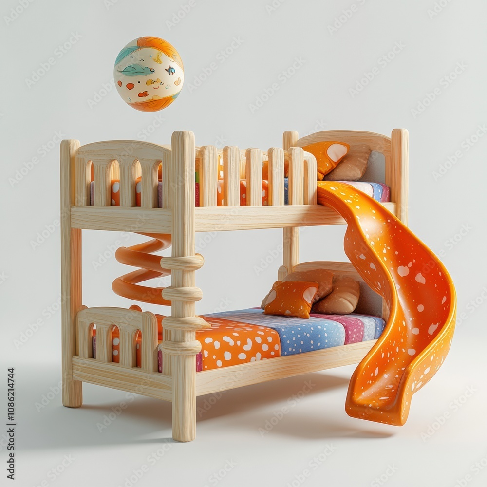 Playful Bunk Bed with Slide: A whimsical 3D rendering of a children's ...